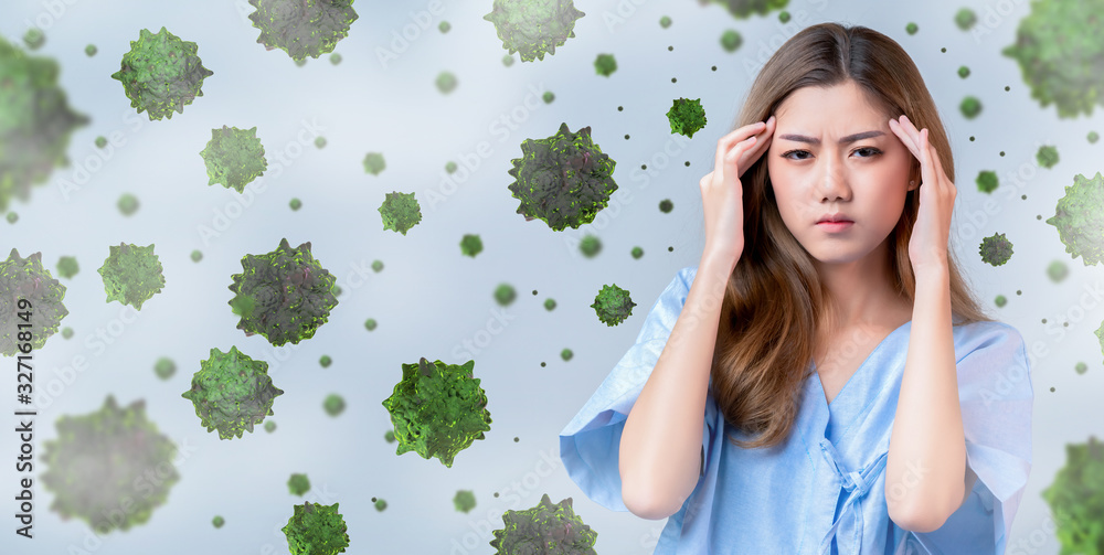 sick virus flu infection asian female surround with floating virus and ...