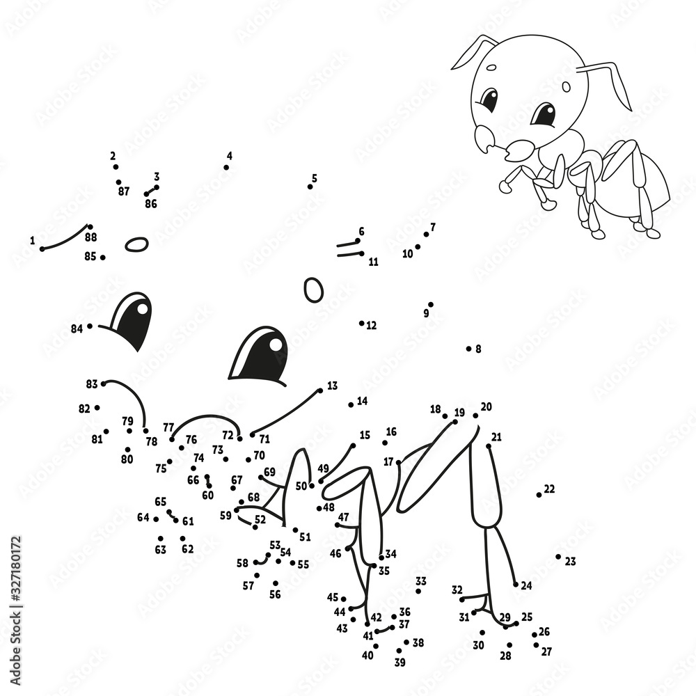 Dot to dot. Draw a line. Insect ant. Handwriting practice. Learning ...