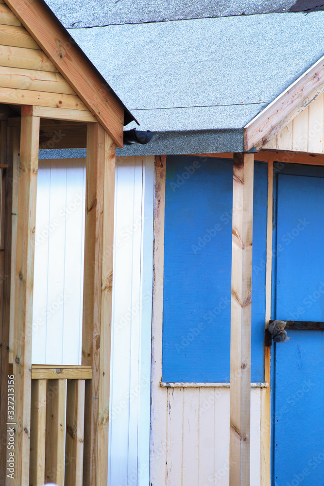 Abstract view of Beach huts. Sutton on Sea beach hut juxtaposition of ...