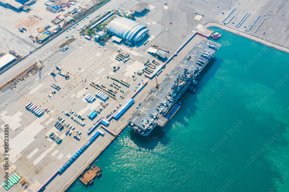 USS America. Navy aircraft carrier Aerial top view of battleship ...
