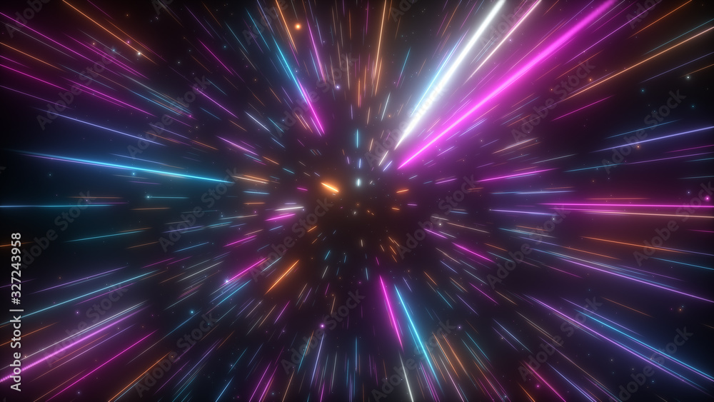 Cosmic hyperspace background. Speed of light, neon glowing abstract ...