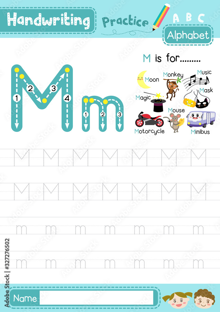Letter M uppercase and lowercase tracing practice worksheet A4 Stock ...
