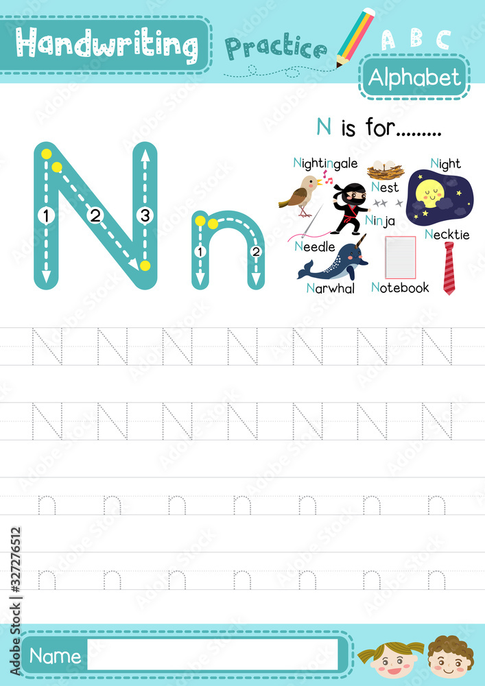 Letter N uppercase and lowercase tracing practice worksheet A4 Stock ...