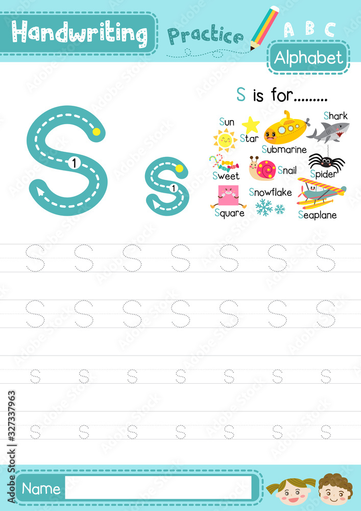 Letter S uppercase and lowercase tracing practice worksheet A4 Stock ...