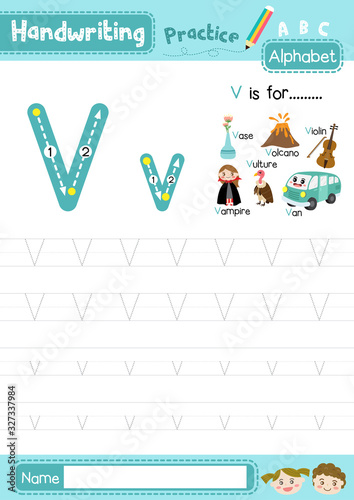 Letter V uppercase and lowercase tracing practice worksheet A4 Stock ...