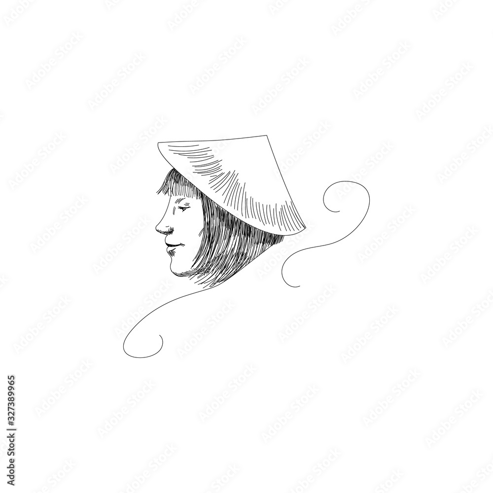 Young woman face side in non la hand drawing. vector black and white ...