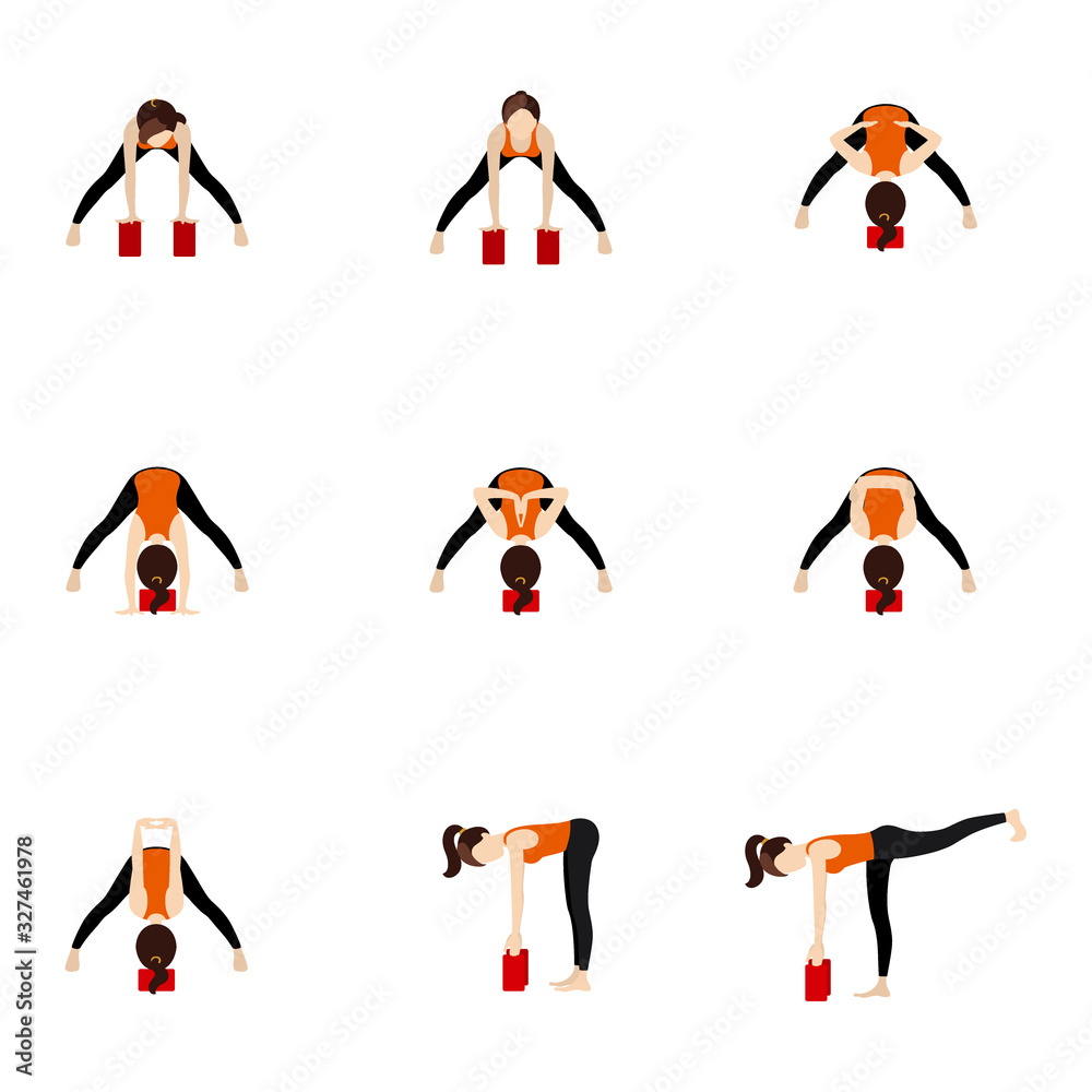 Forward bend standing yoga asanas set with blocks/ Illustration ...