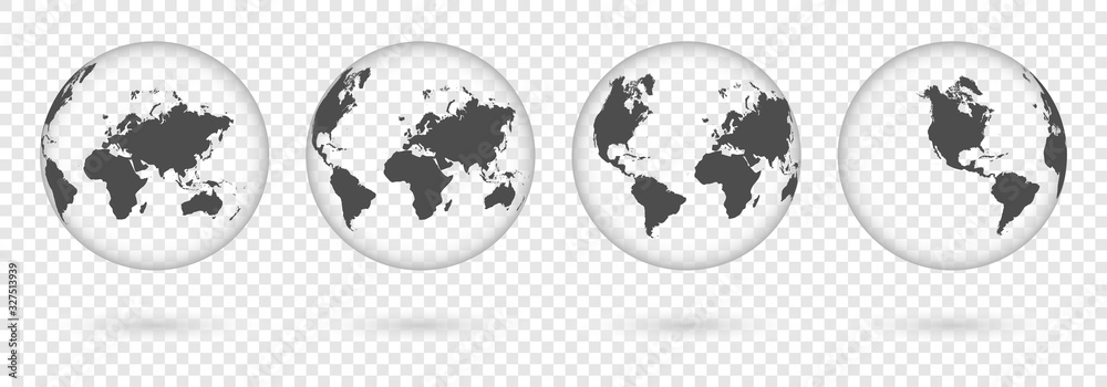 Transparent Earth globes from different sides with shadow. World map ...