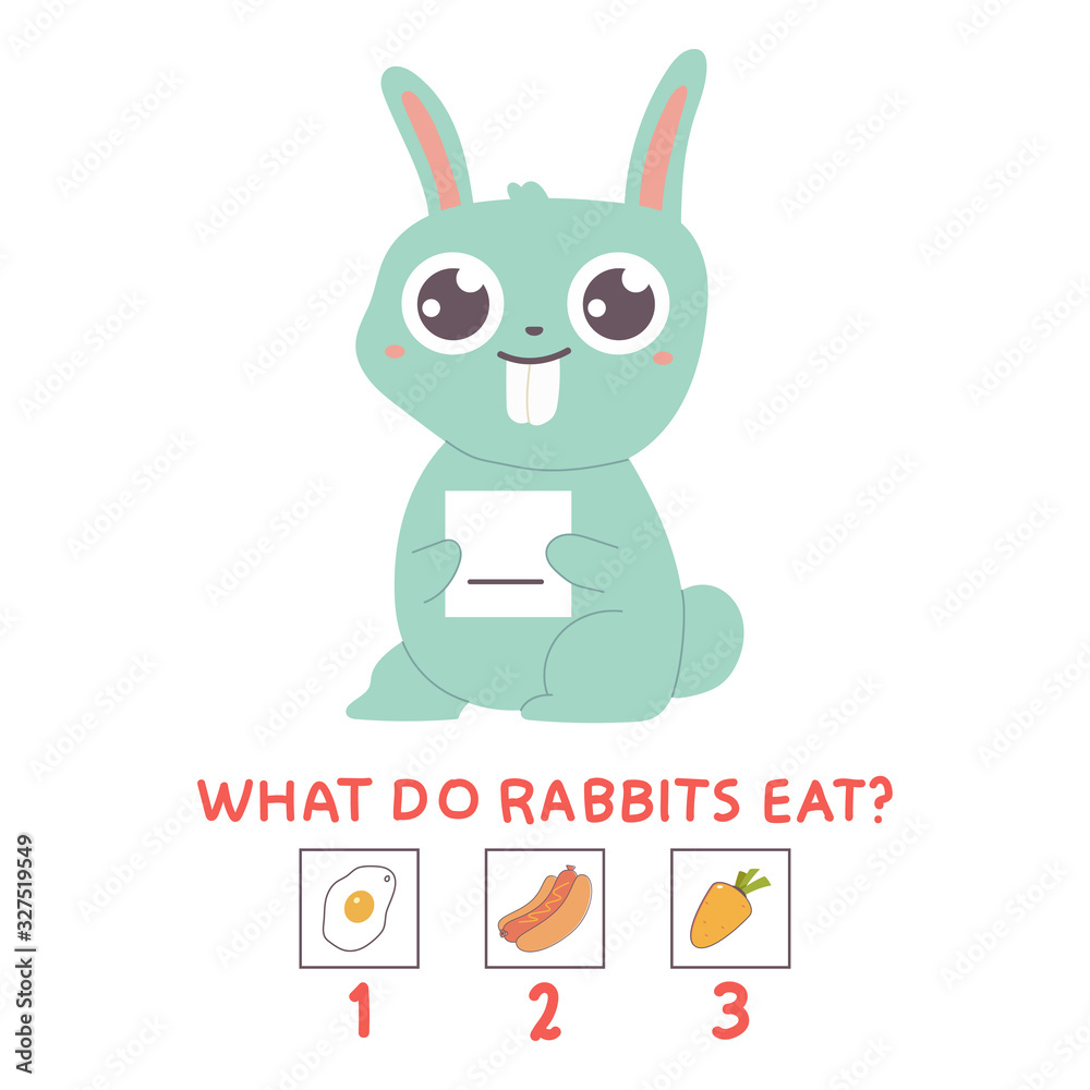 What do rabbit eat. School education game vector cartoon illustration ...