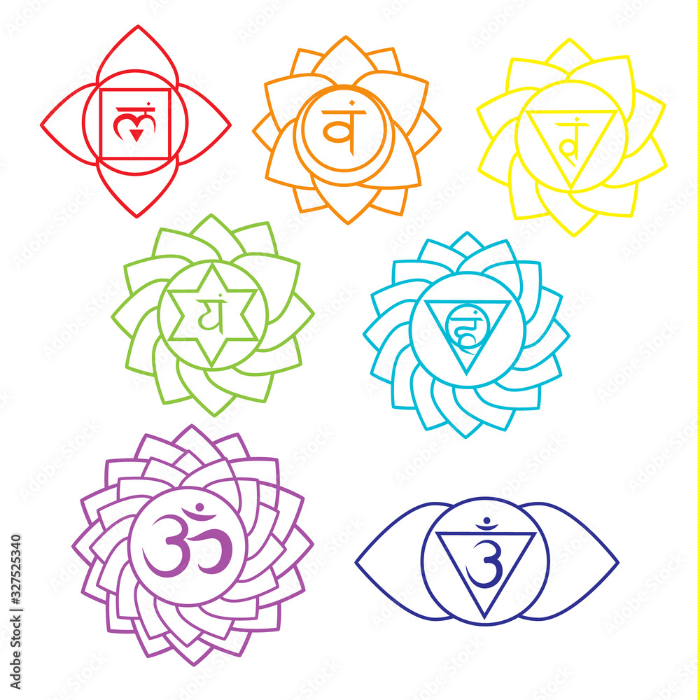 Seven chakras linear icons. Kundalini yoga symbols, spiritual signs ...