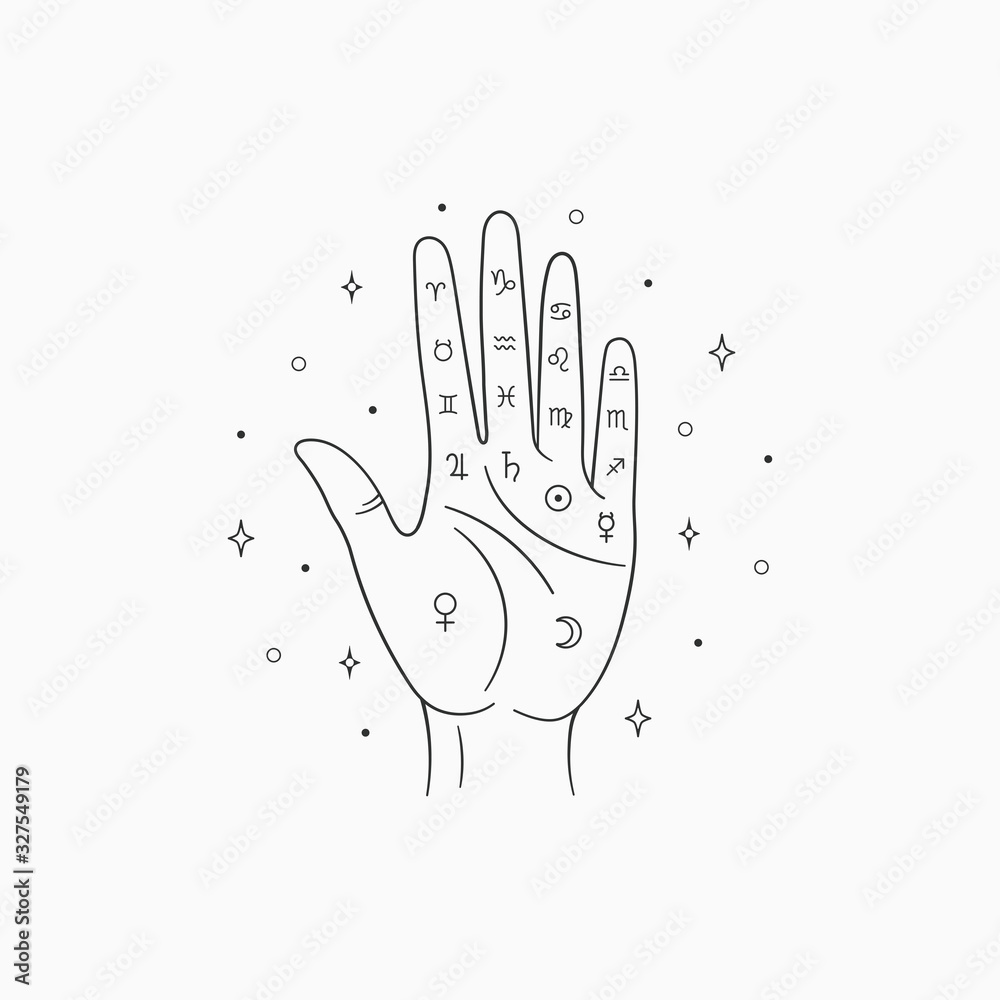 Palmistry vector. Witch and magic symbol, monochrome palmistry ...