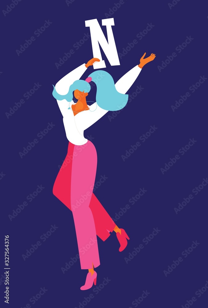 Young woman dancing with flat letter N. English capital alphabet ...