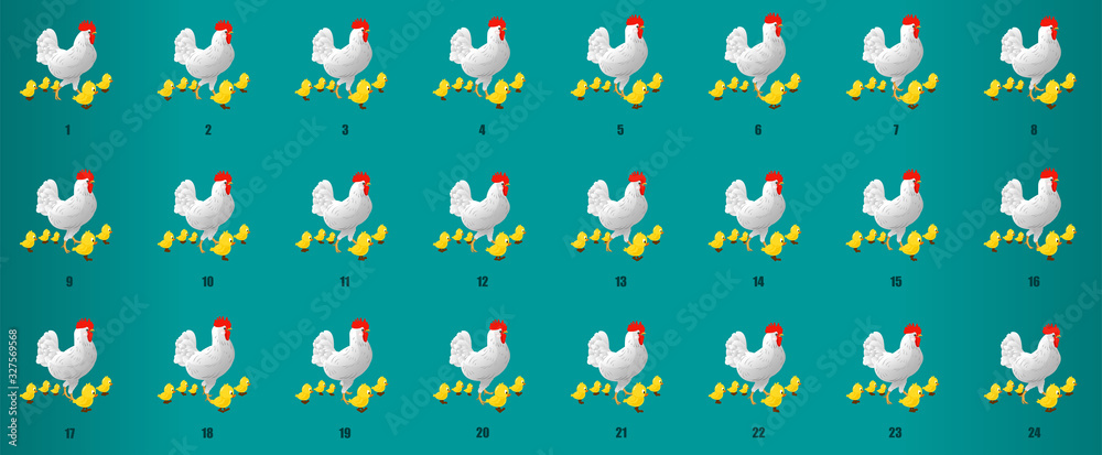 Hen Walk Cycle animation sequence with chiks, loop animation sprite ...