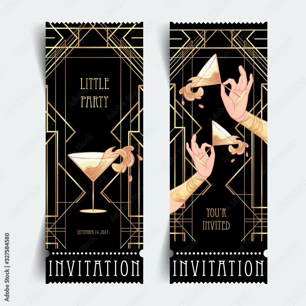 Female hand holding cocktail glass with splash. Art deco (1920's style ...