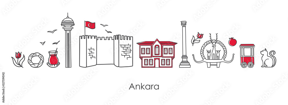 Vector illustration Ankara, Turkey. Famous Turkish landmarks in modern ...