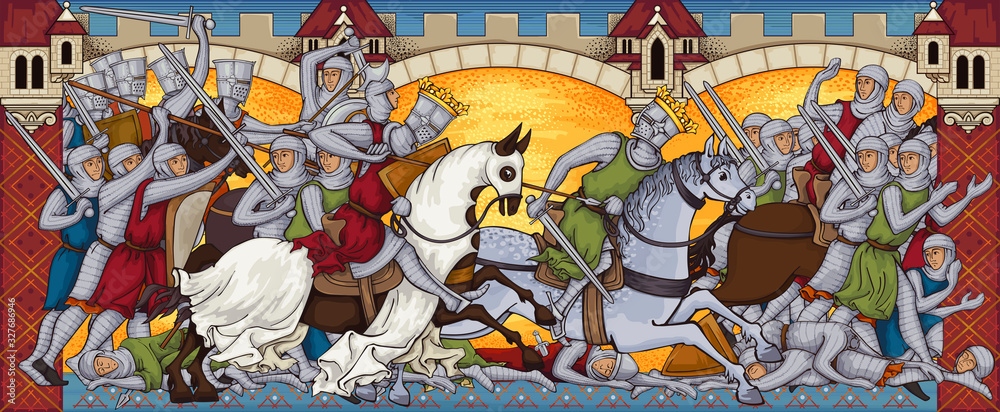 Medieval battle.Ancient manuscript.Battlefild.Knights attack.Old style ...
