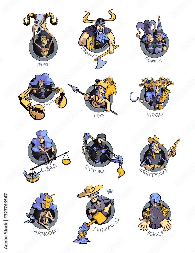 Twelve zodiac signs flat cartoon vector illustrations set. Astrological ...