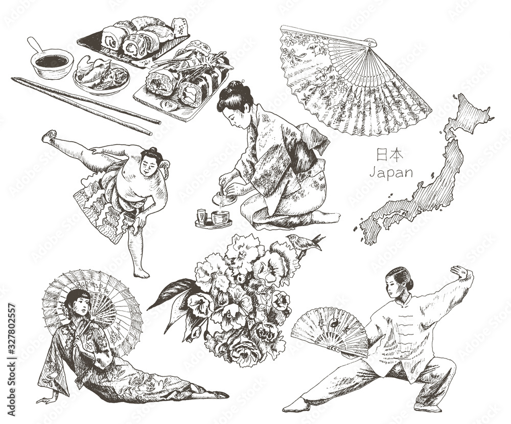 Japanese Culture Attributes and People with Hand Fan and Geisha Sitting ...