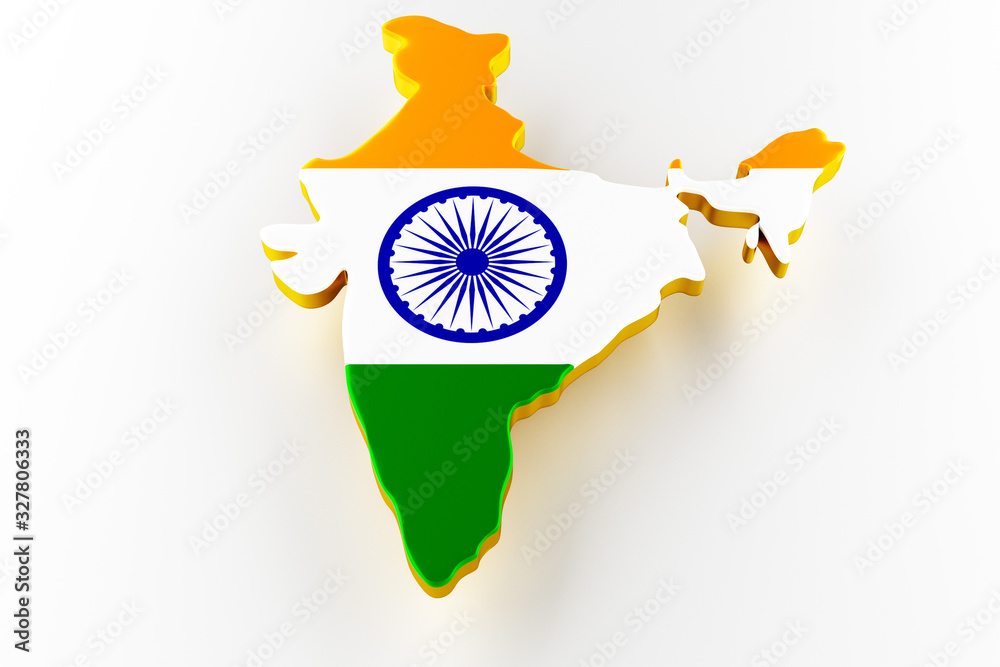 3D map of India. Map of India land border with flag. India map on white ...