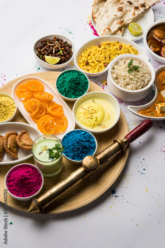 Happy Holy concept showing Indian assorted lunch food like chicken ...