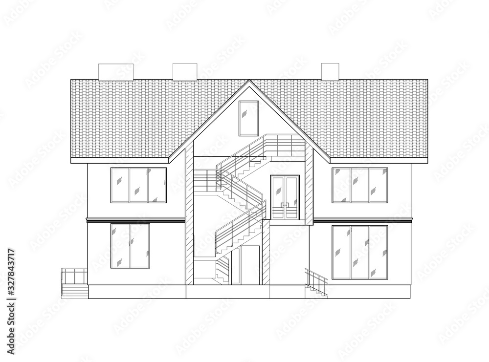 Architectural black and white background. Cross-section suburban house ...