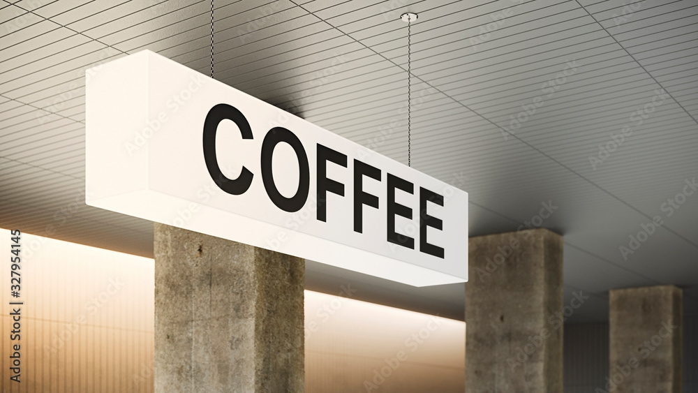 Coffee board hanging from ceiling. Coffee sign outside cafe or ...