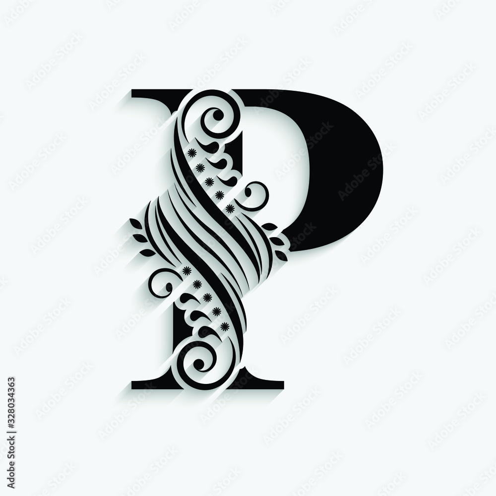 letter P. Black flower alphabet. Beautiful capital letter with shadow ...