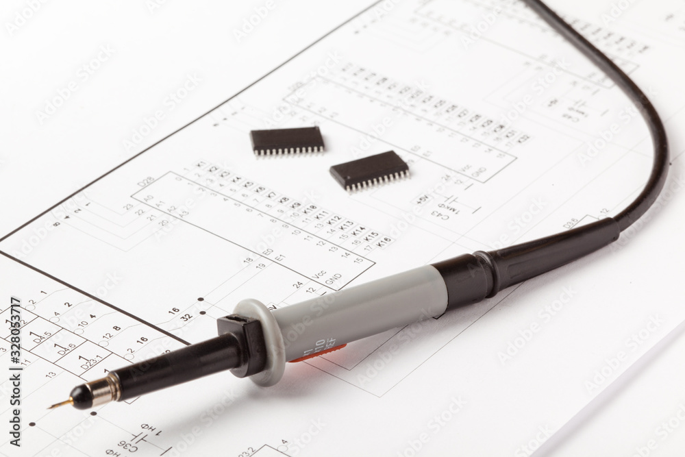 Technical component of microcircuit and soldering iron in drawing of ...
