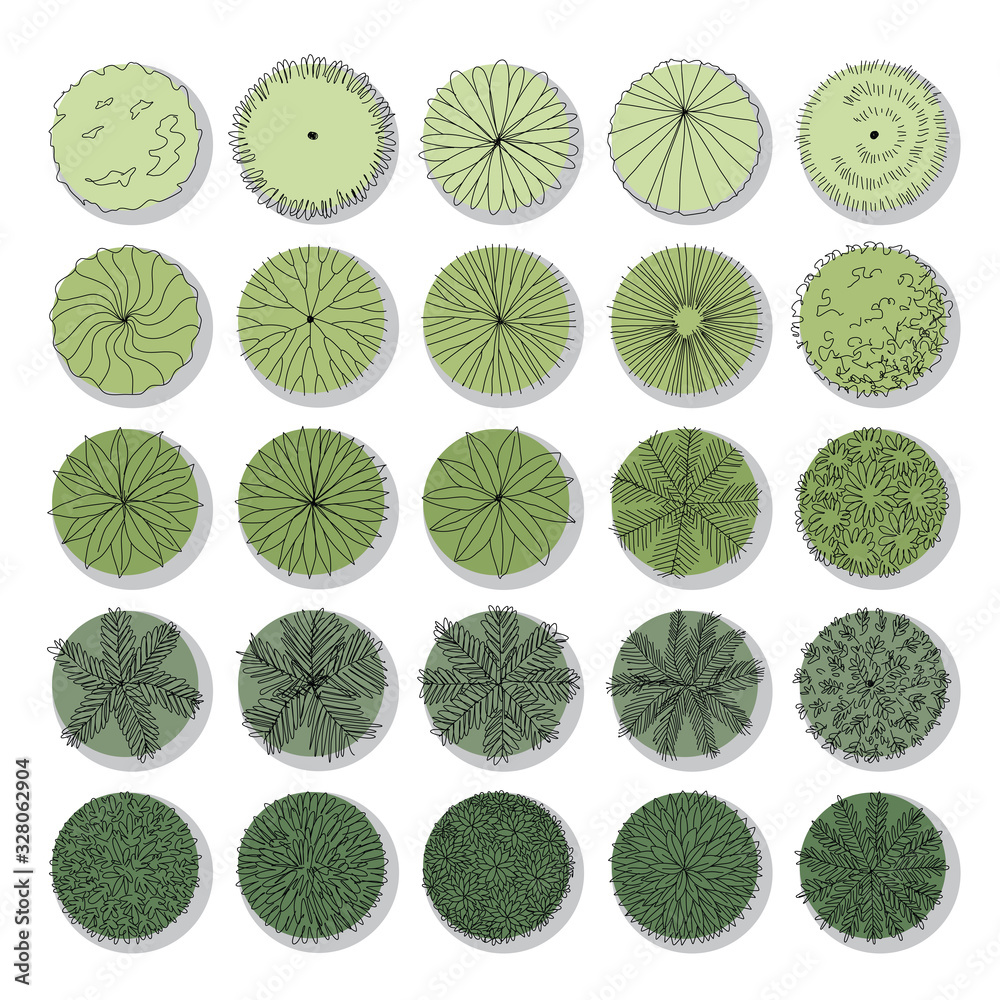 25 Set of free hand drawn doodle Plan view tree for landscape plan ...
