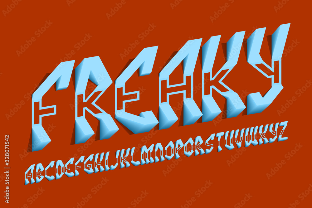 Volumetric freaky alphabet of unusual blue letters. 3d display oblique ...