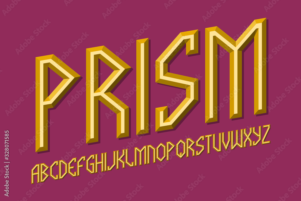 Volumetric prismatic alphabet of golden letters. 3d display oblique ...