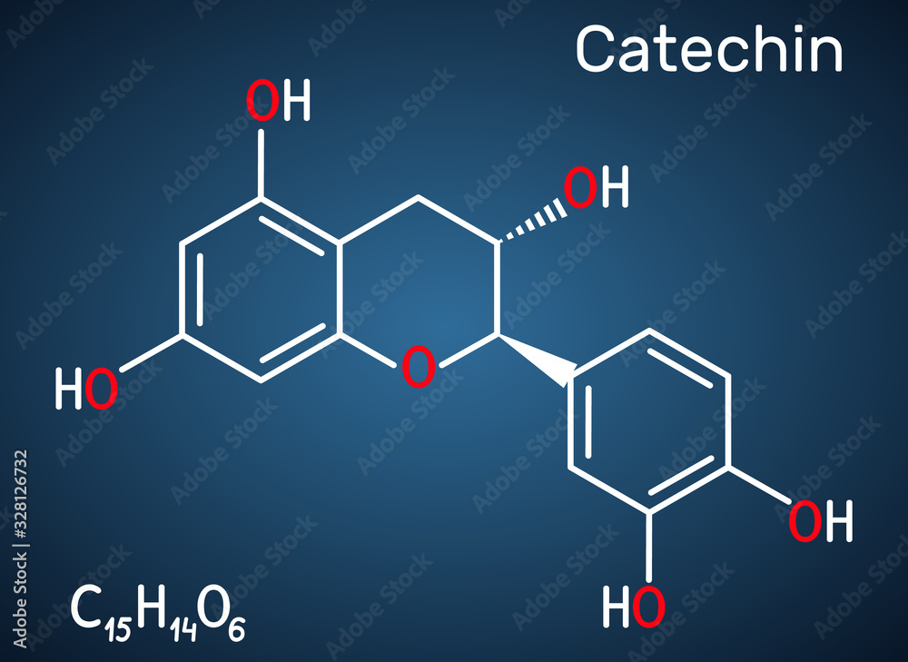 Catechin, flavonoid, C15H14O6 molecule. It is flavanol, a type of ...