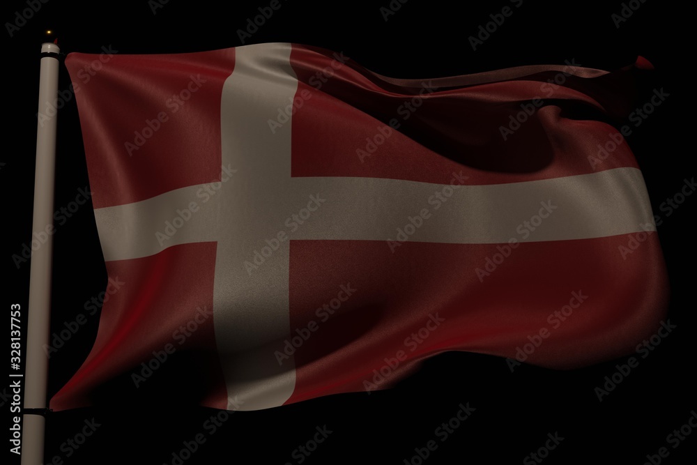 The flag of Denmark waving on a pole with pitch black background and ...