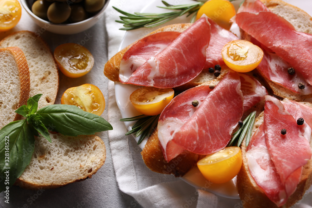 The concept of Italian cuisine. Coppa - Italian dried sausage made from ...
