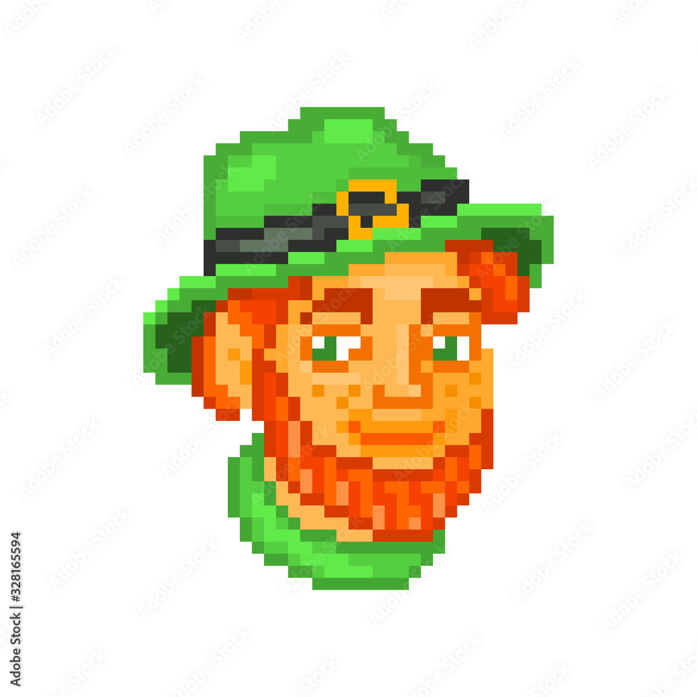 Ginger bearded freckled leprechaun man in a green hat portrait, pixel ...