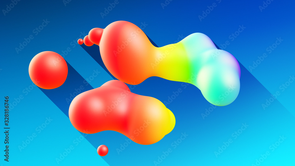 Spheres or balls merge like liquid wax drops or metaballs in-air. Liquid gradient of rainbow ...