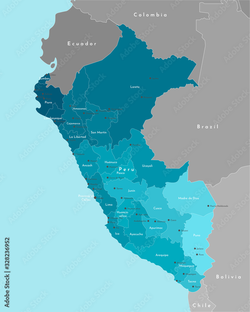 Vector illustration. Simplified administrative map of Peru. Blue background of Pacific Ocean ...