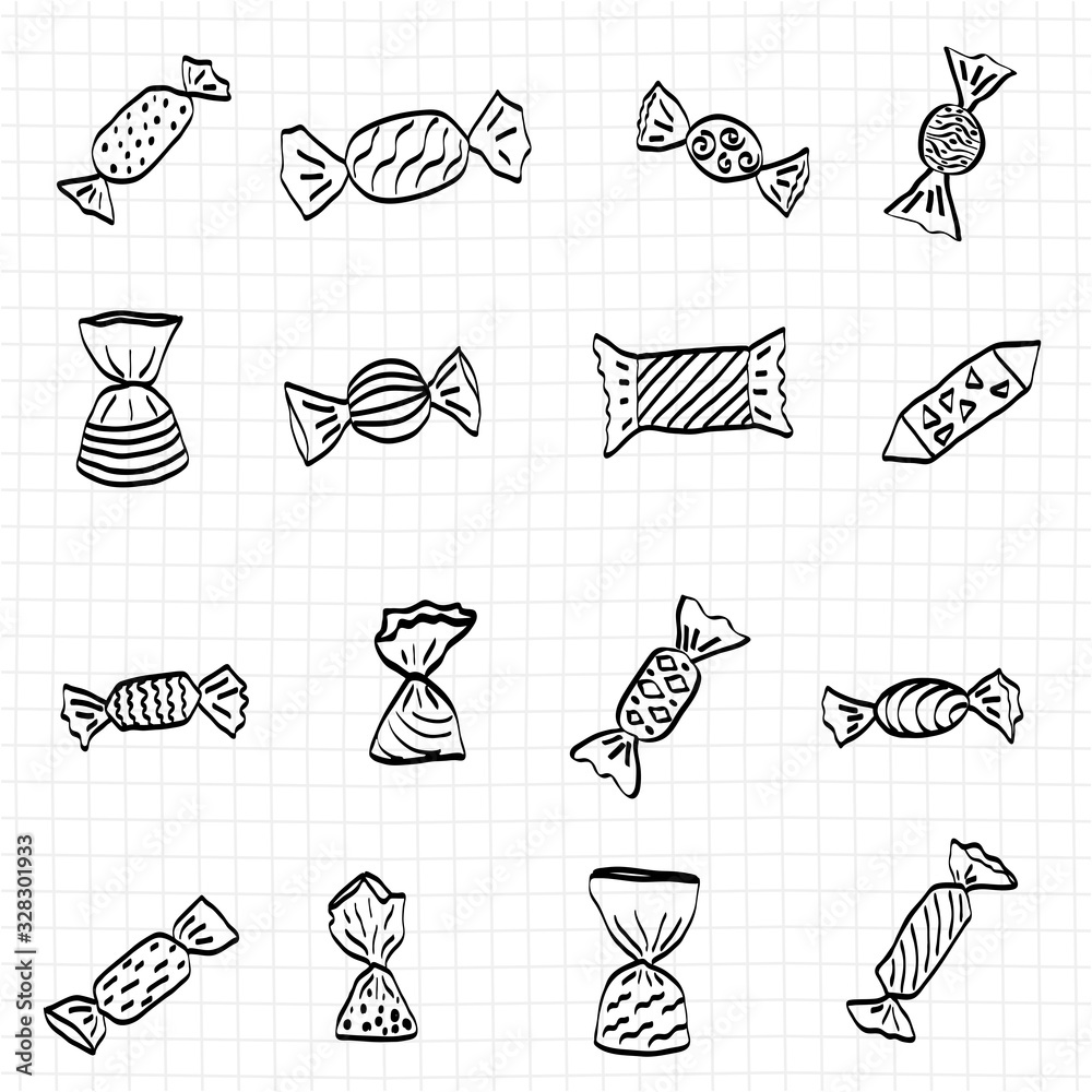 Candy Doodle Icons Set on transparent background. Hand drawn sketch ...