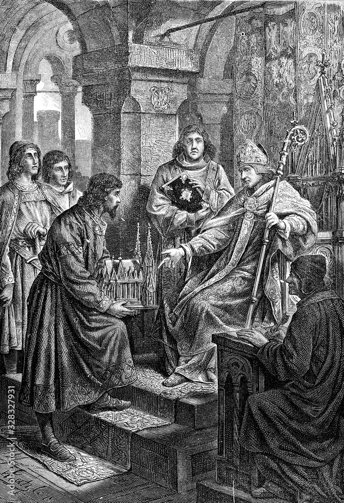 13th century, master builder Gerhard von Ryle presents the model of the ...