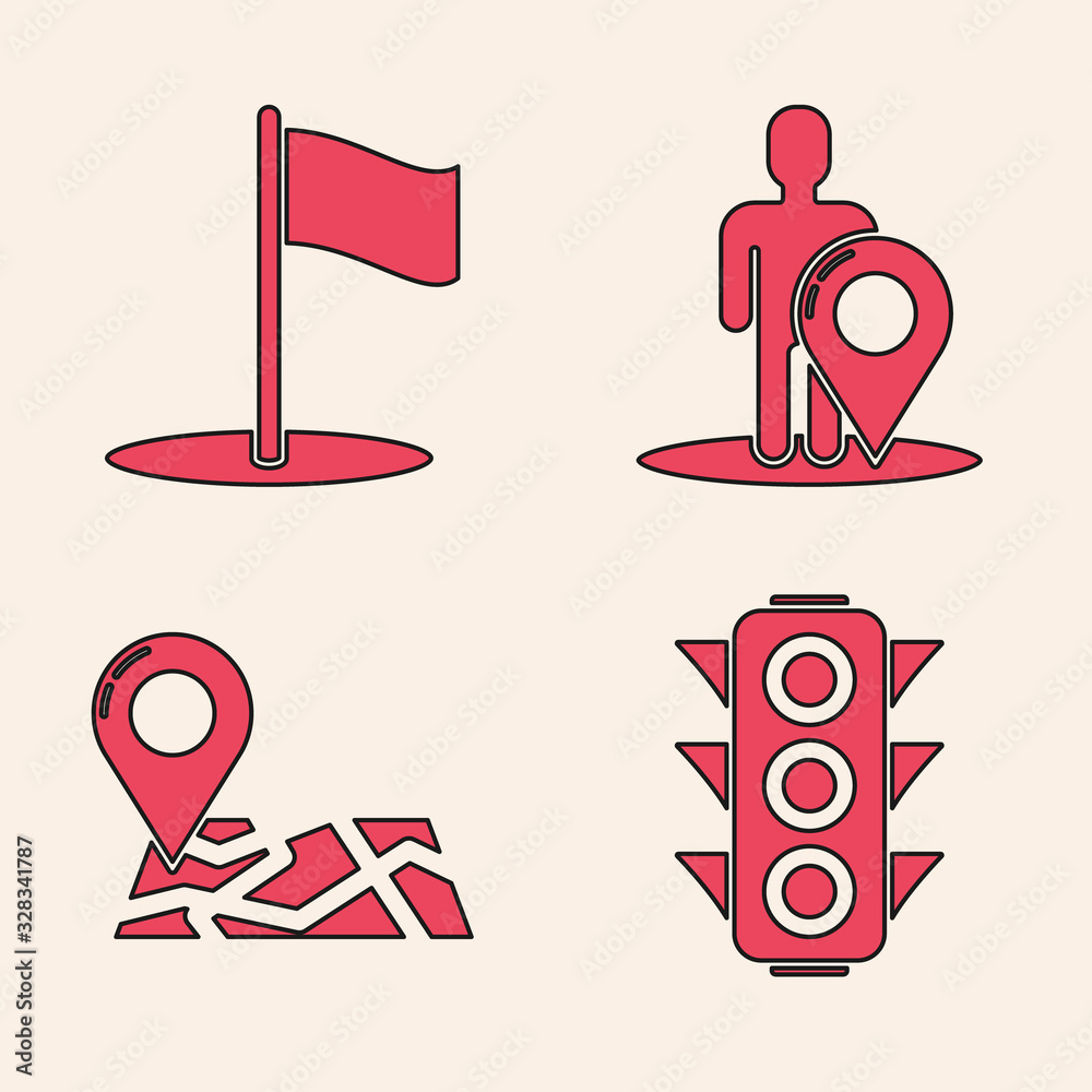 Set Traffic light, Flag, Map marker with a silhouette of a person and ...