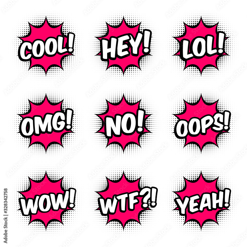 9 Comic style messages in red speech bubbles. Set of stickers for ...