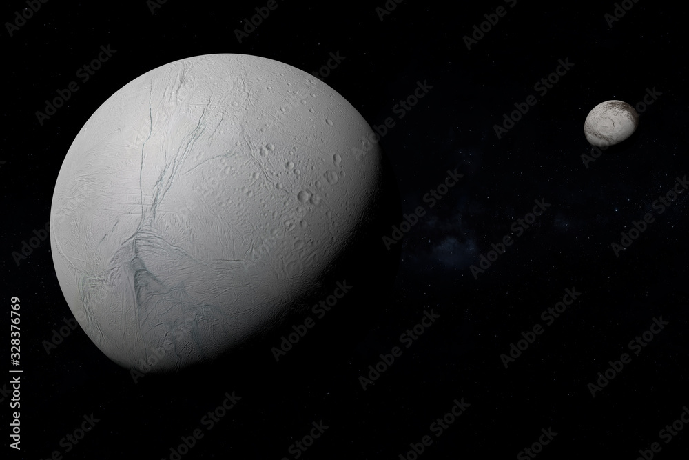 Enceladus and Iapetus moons orbiting in the outer space. 3d render ...