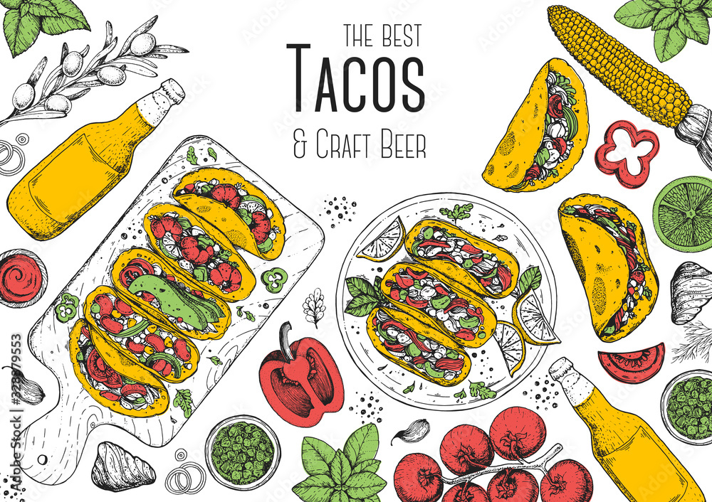 Tacos cooking and ingredients for tacos, sketch illustration. Mexican ...