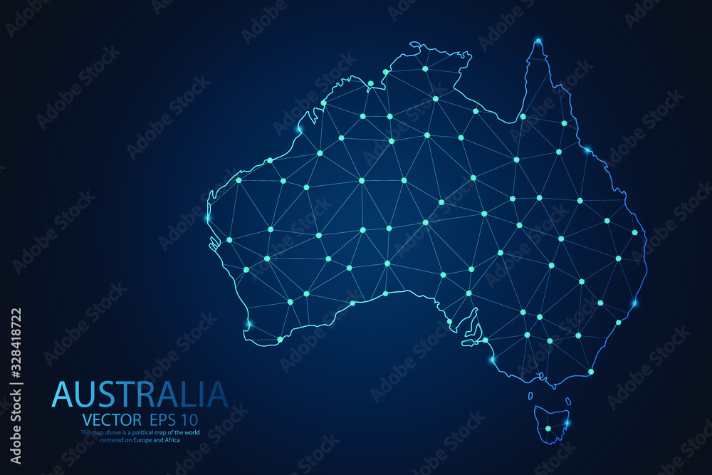 Abstract mash line and point scales on dark background with map of ...