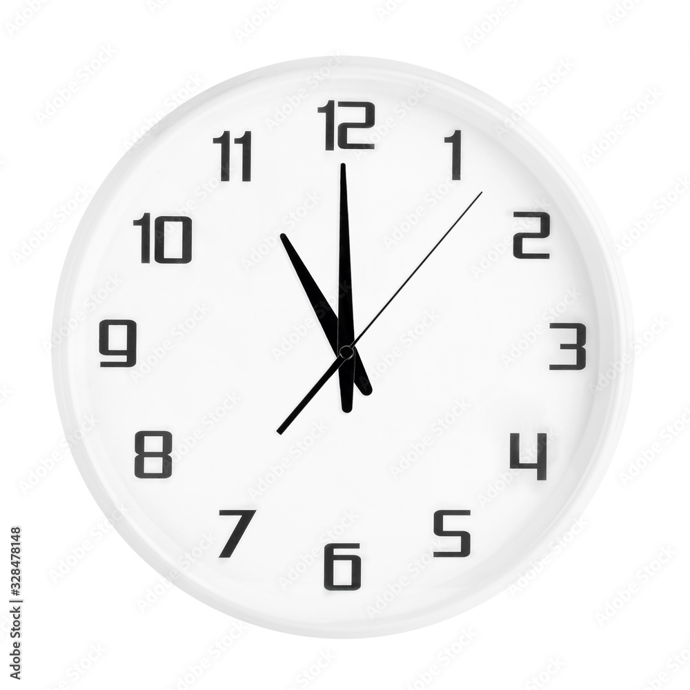 White round office clock showing eleven o'clock isolated on white ...
