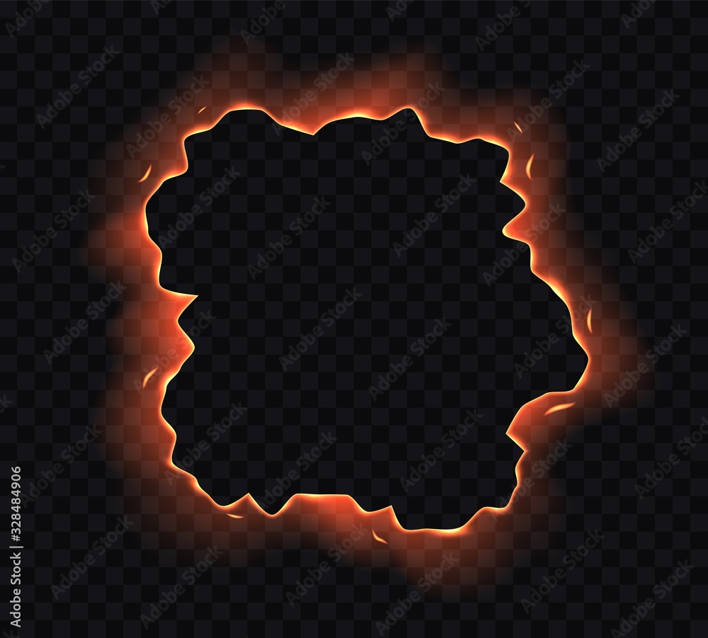 Burning paper hole, edge, frame with fire sparks isolated on ...