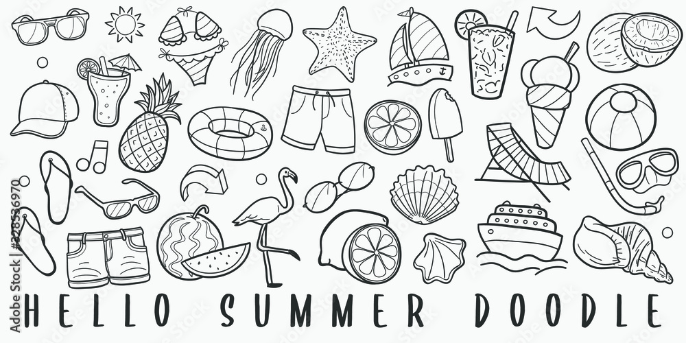 Hello Summer Doodle Line Art Illustration. Hand Drawn Vector Clip Art ...