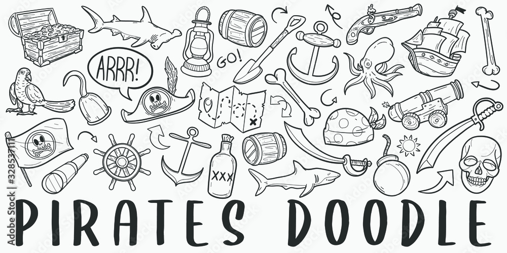 Pirate Adventure Doodle Line Art Illustration. Hand Drawn Vector Clip ...