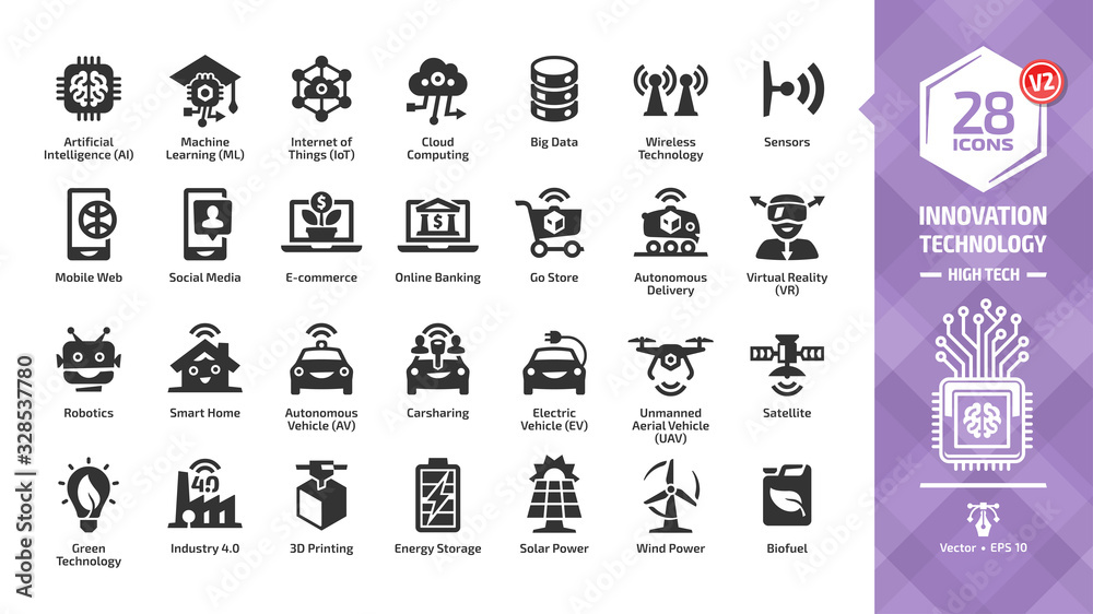 Innovation technology icon set with high tech digital wireless smart ...
