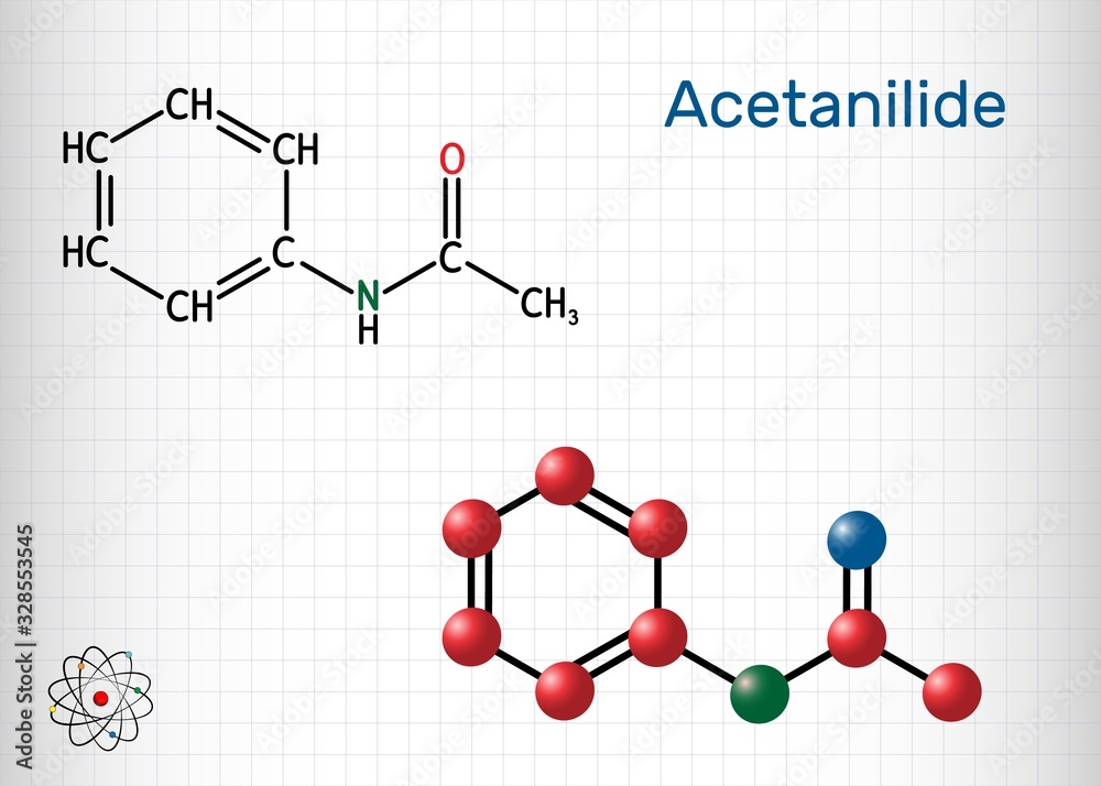 Stockvektorbilden Acetanilide, C8H9NO, drug molecule. It has analgesic ...